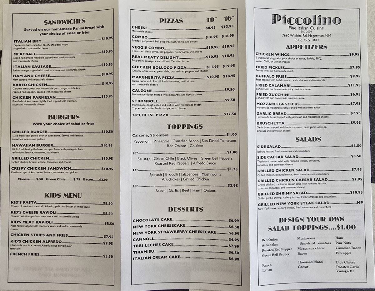 Menu at Piccolino Restaurant, Hagerman