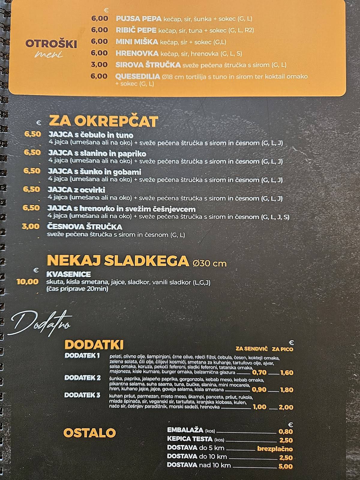 Carta del restaurante Picerija PUJ SEM, Slovenska Bistrica