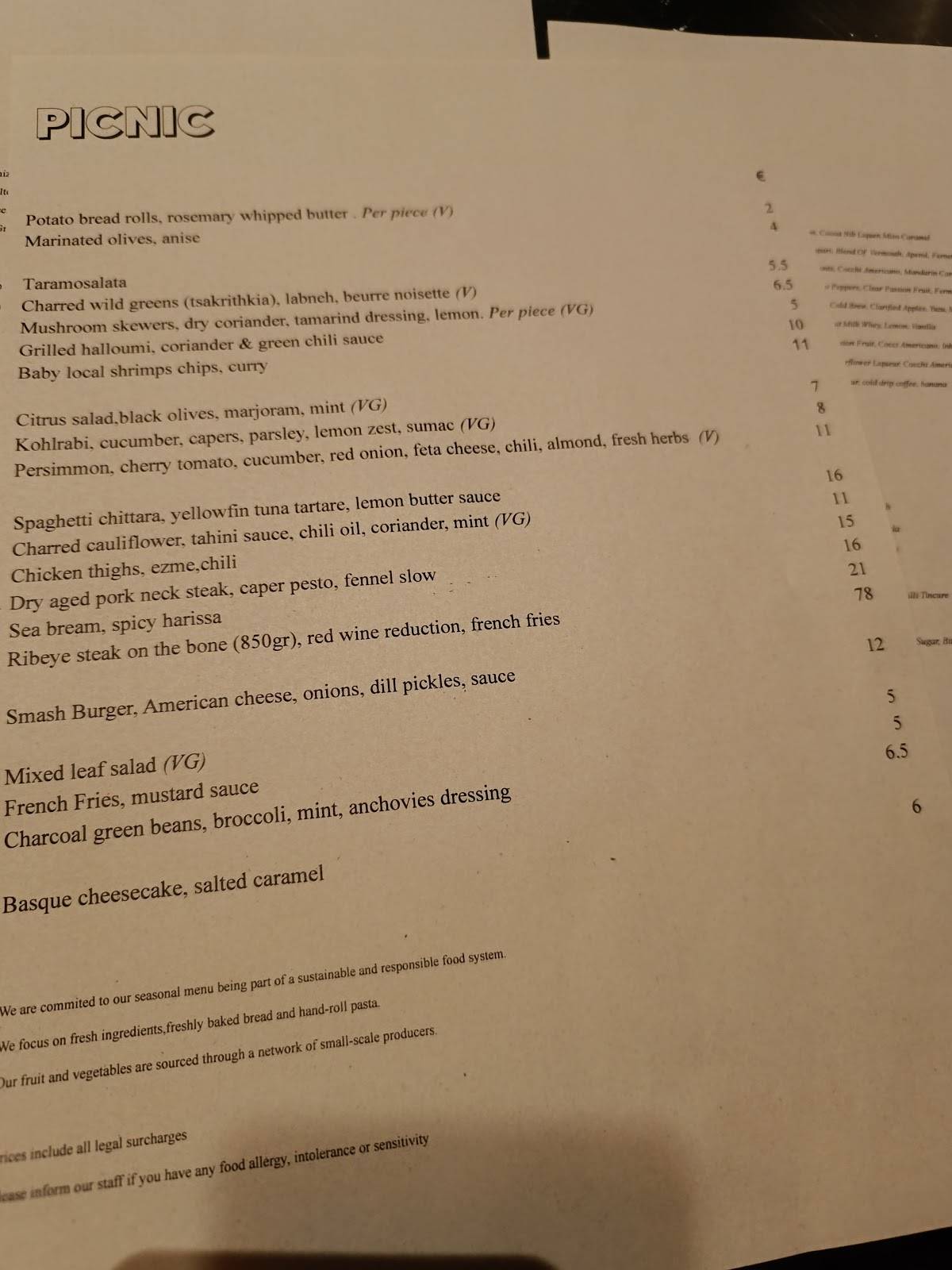 Menu at Picnic Nicosia, Nicosia
