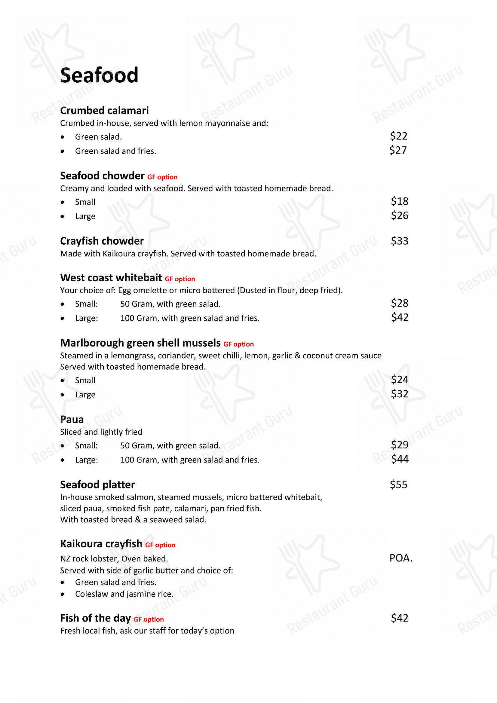 Menu at Pier Hotel pub & bar, Kaikoura