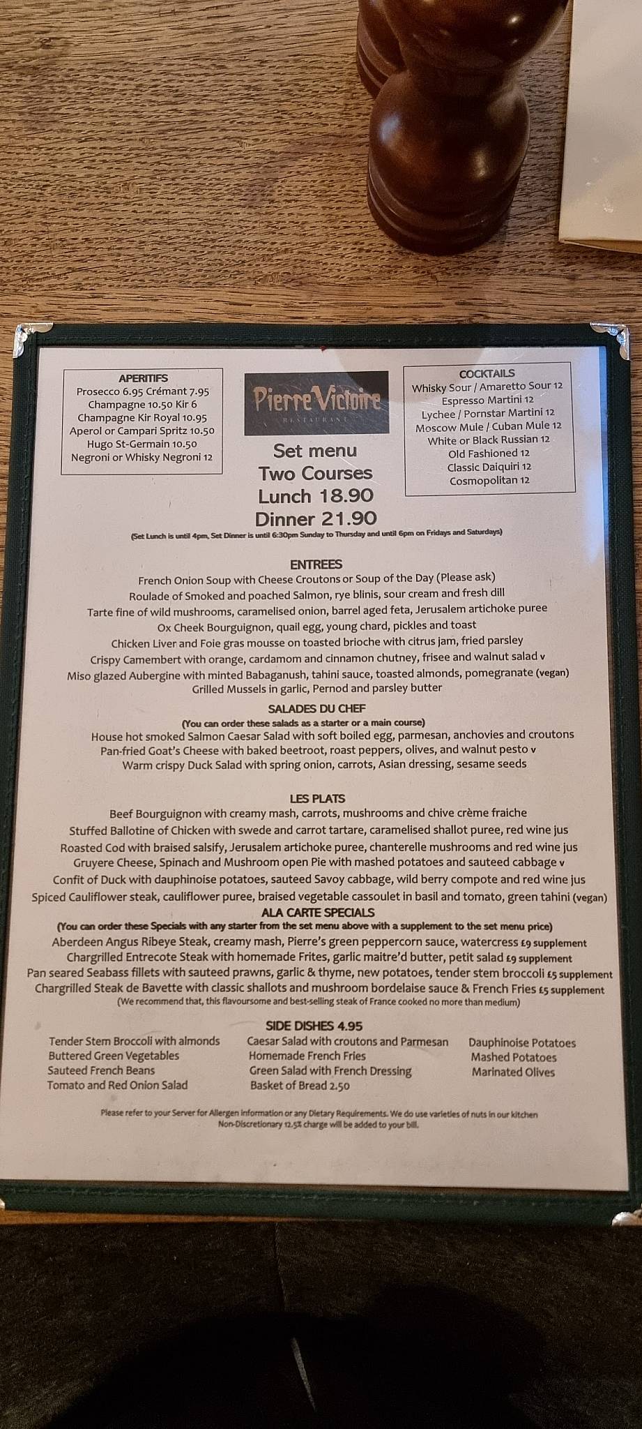 Menu at Pierre Victoire Soho restaurant, London, 5 Dean St