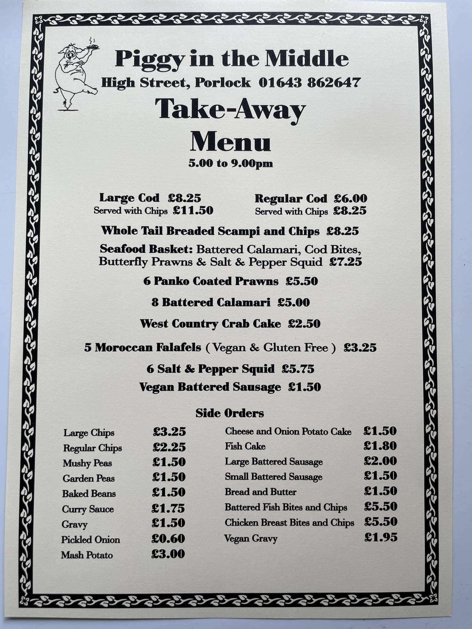 Menu at Piggy In The Middle restaurant, Porlock