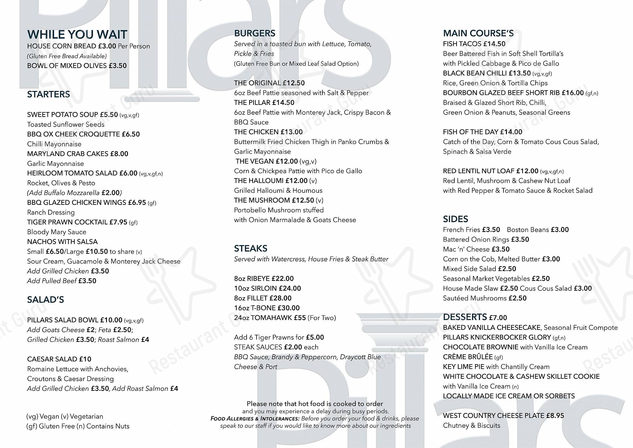 Menu at Pillars Bar and Grill, Street