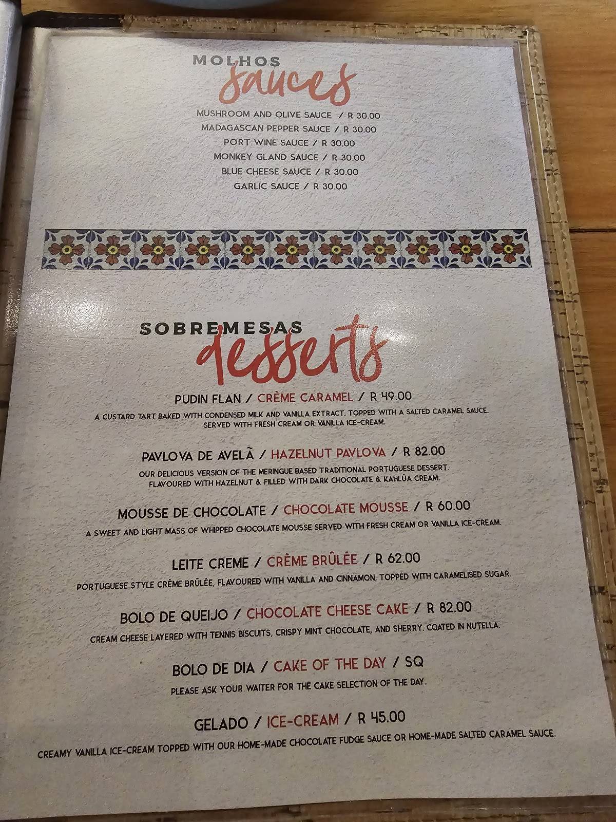 Menu at Pimenta Potchefstroom restaurant, Potchefstroom