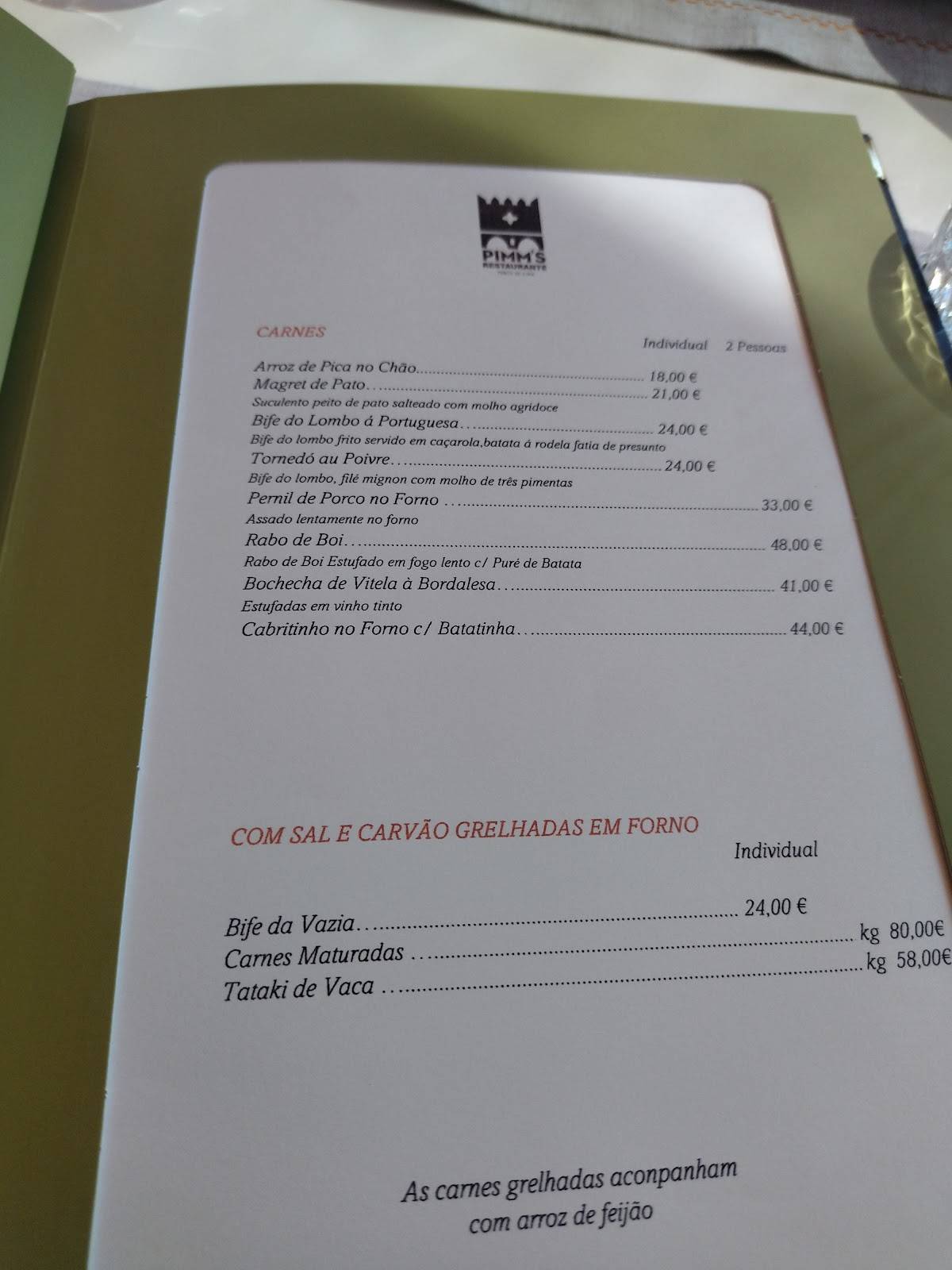 Menu em Pimm's Restaurante, Ponte de Lima