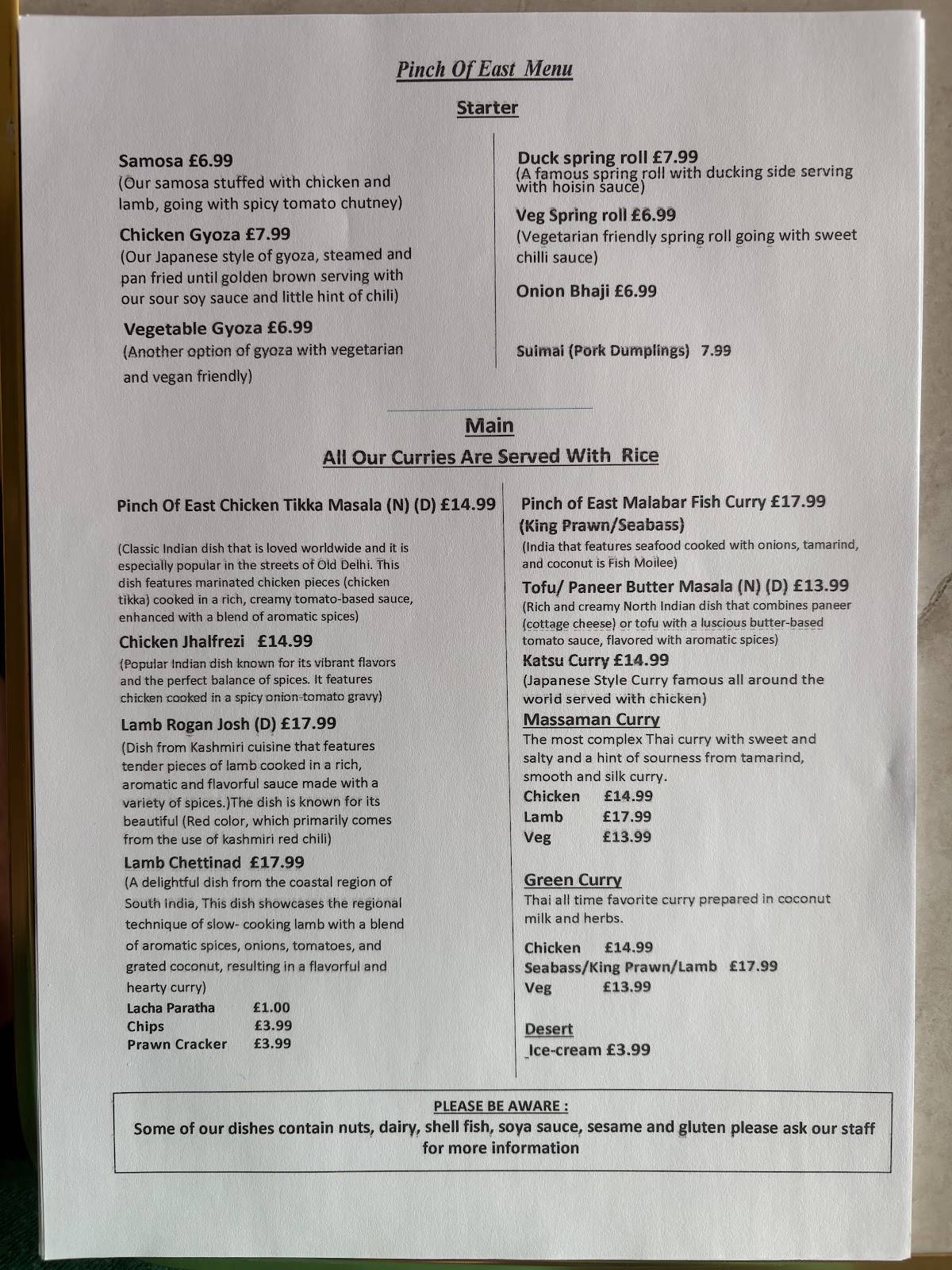 Menu at Pinch Of East restaurant, Liverpool