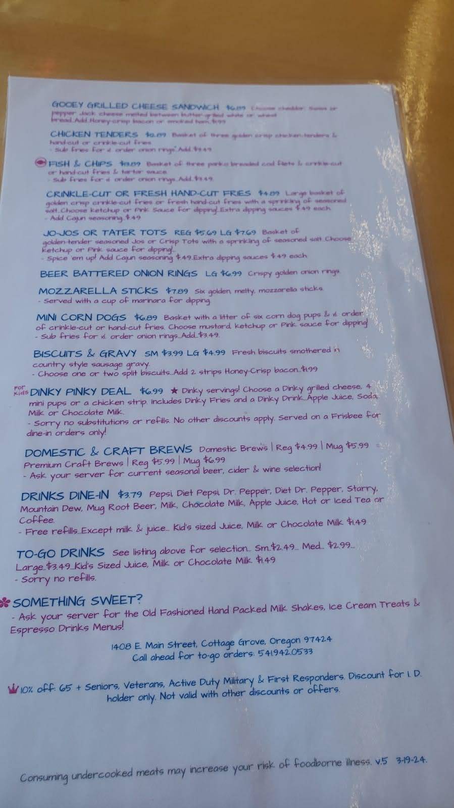 Menu at Pink House restaurant, Cottage Grove