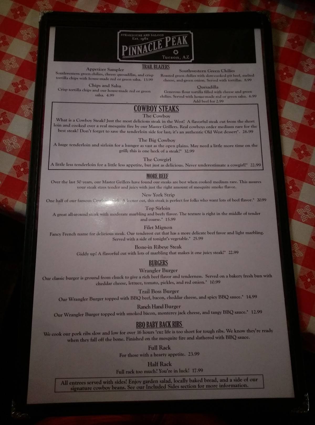 Menu at Pinnacle Peak pub & bar, Tucson