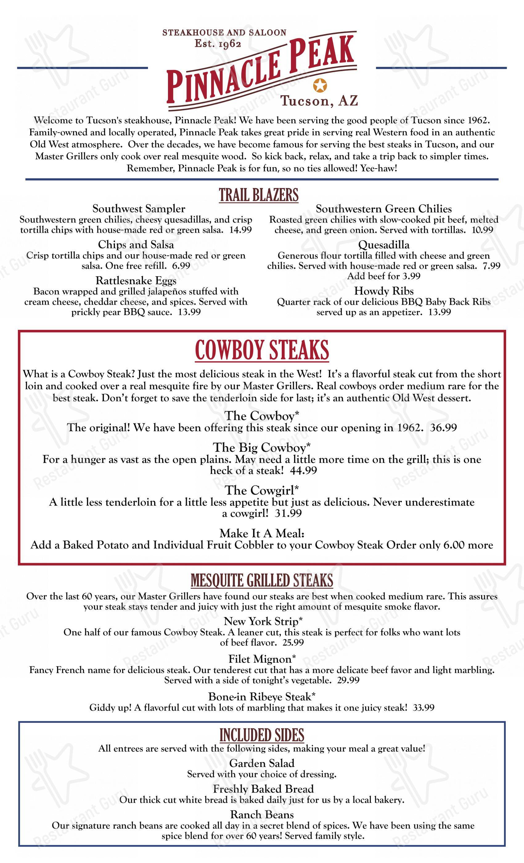 Menu at Pinnacle Peak pub & bar, Tucson