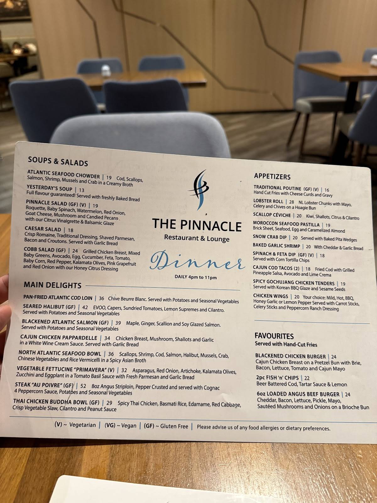 Menu at Pinnacle Restaurant and Lounge, St. John's