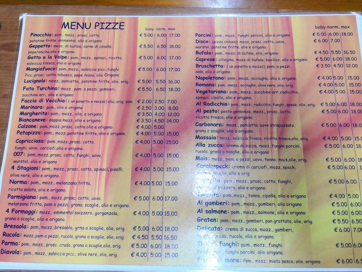 Menu da Pinocchio Pizzeria, Ragusa
