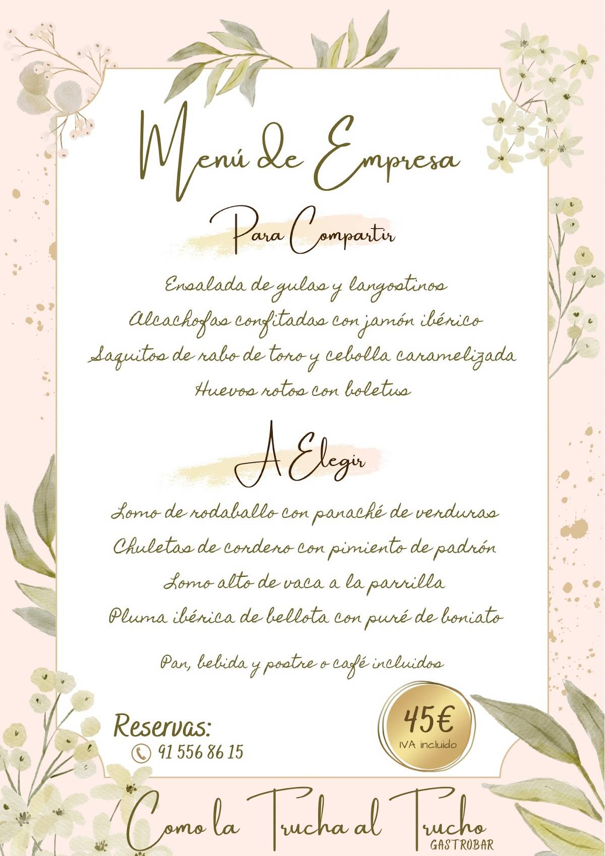 Carta de Restaurante Como la trucha al trucho, Pinto