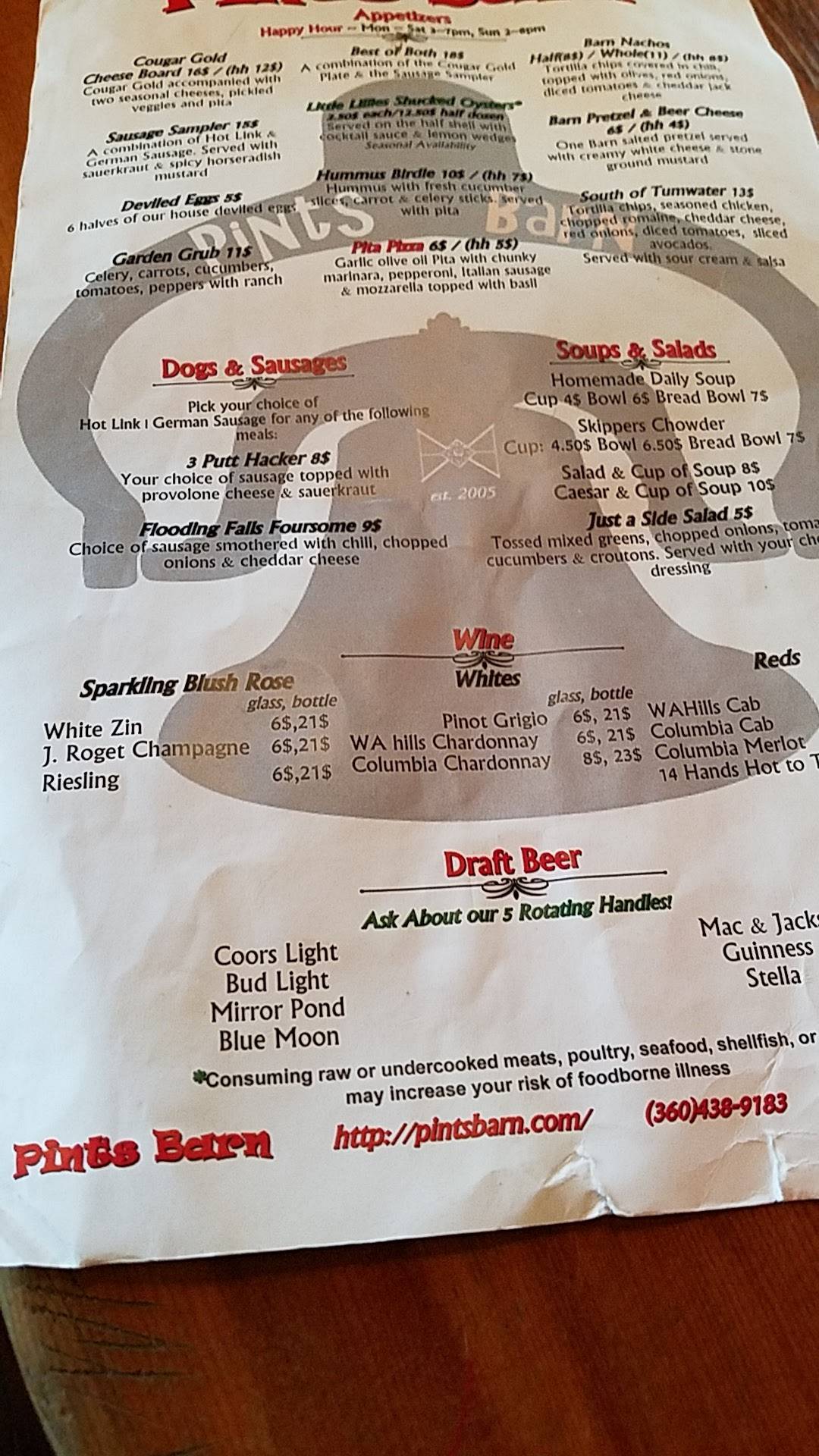 Menu at Pints Barn, Tumwater, 114 E St SW