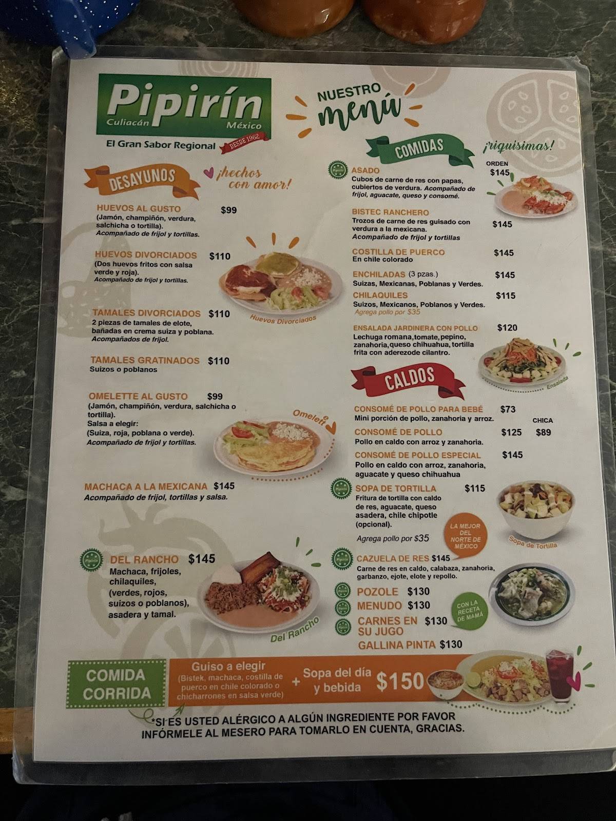 Carta del restaurante El pipirin, Culiacán Rosales, C. Miguel Hidalgo 262
