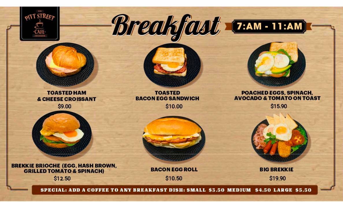 Menu at Pitt Street Cafe, Adelaide