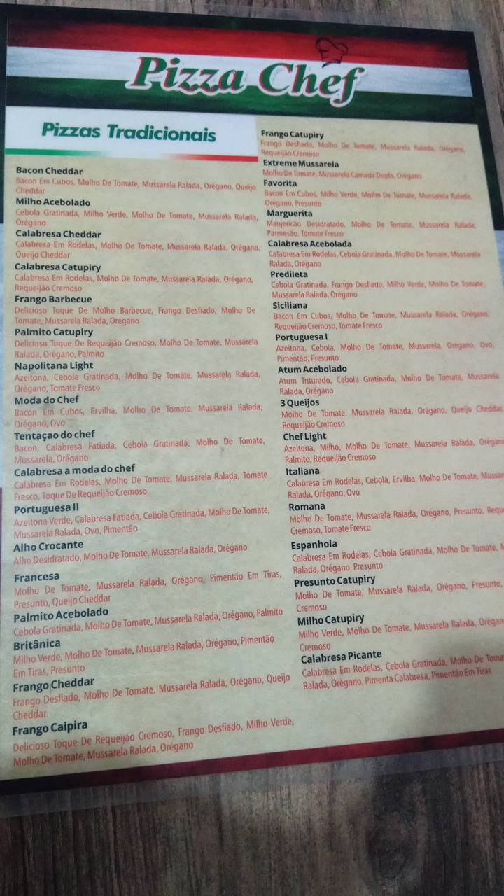 Menu at Pizza Chef restaurant, Aracaju