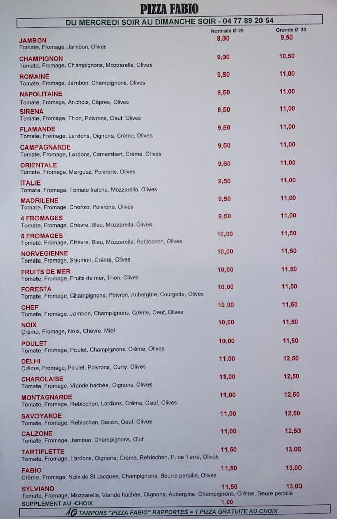 Menu at Pizza Fabio pizzeria, Fraisses