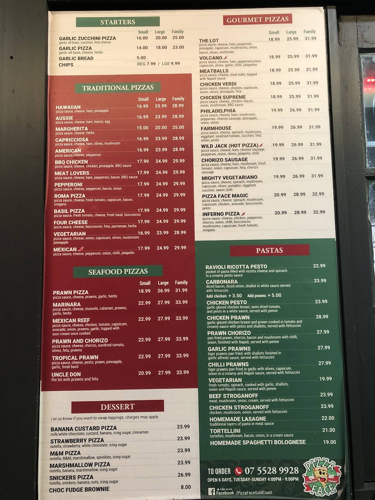 Menu at Pizza Face restaurant, Biggera Waters