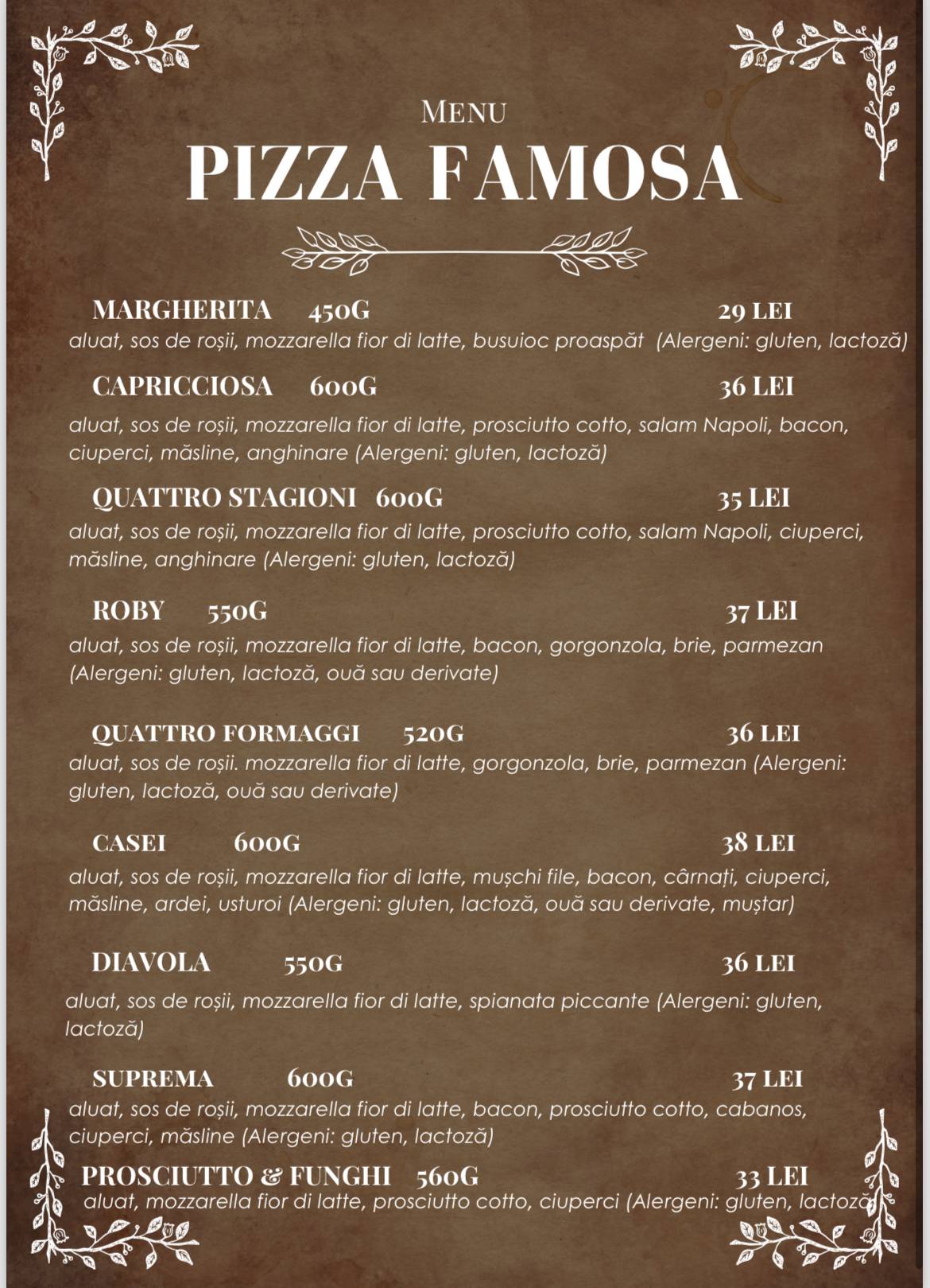 Menu at Pizza Famosa, Turda
