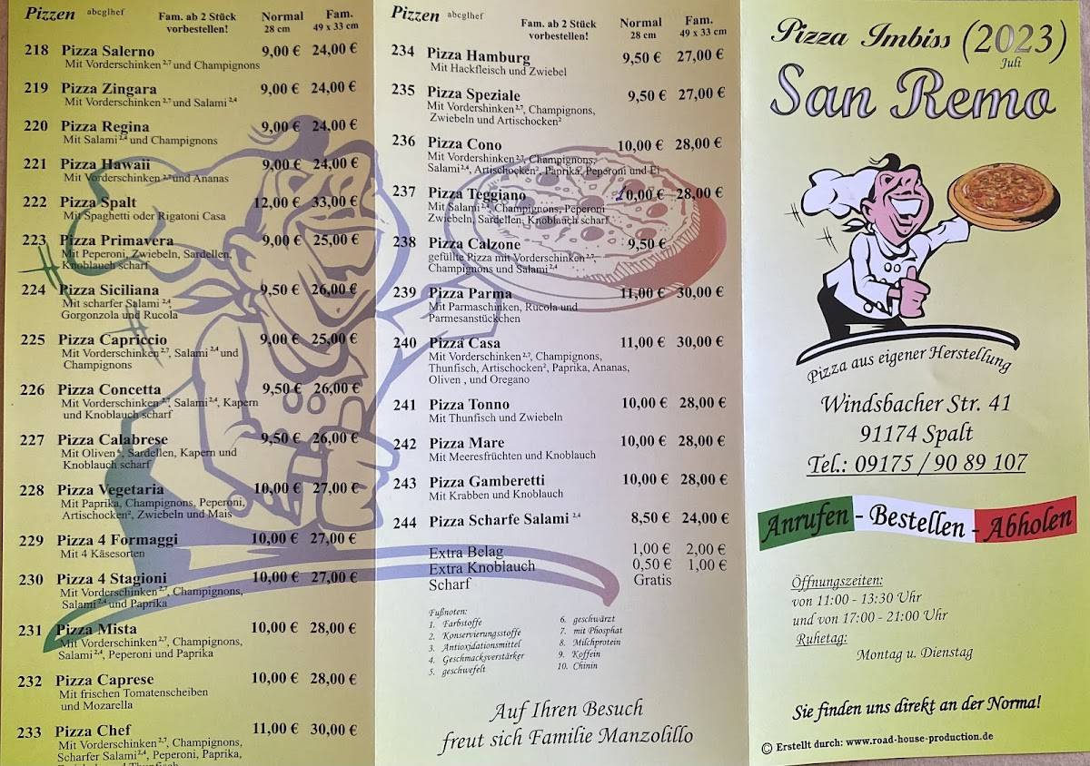 Speisekarte von Pizzeria Eiscafé San Remo, Spalt