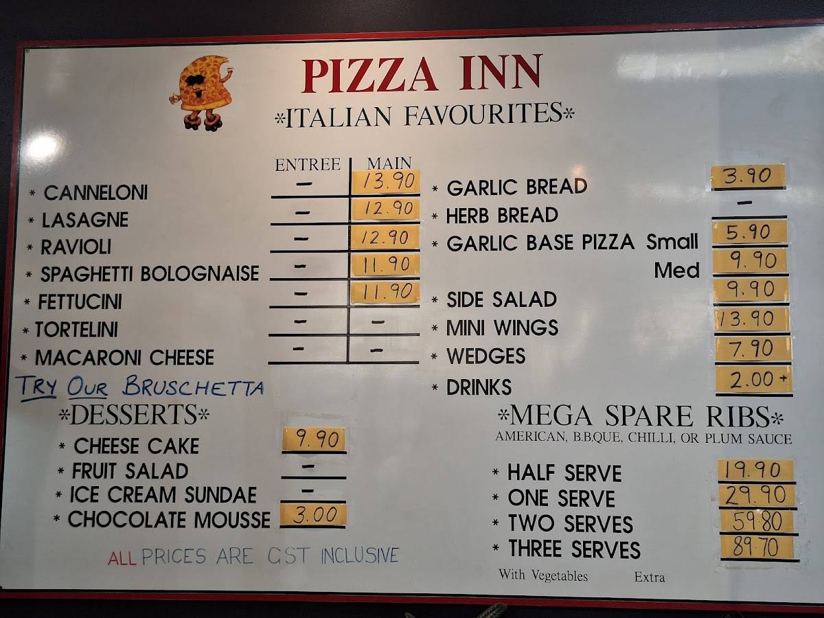 Menu at Pizza Inn pizzeria, Minto