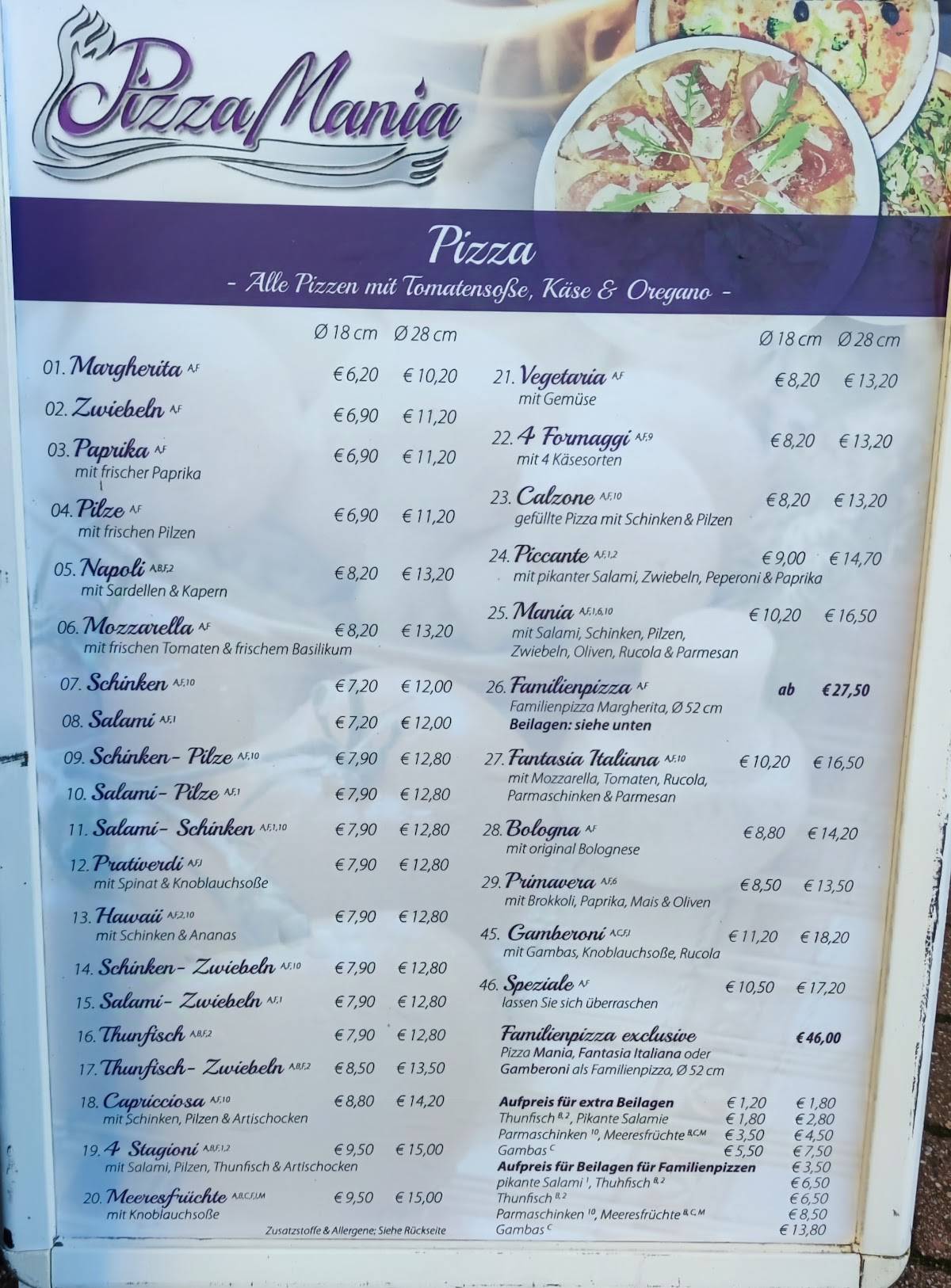 Speisekarte von Pizza Mania, Cuxhaven