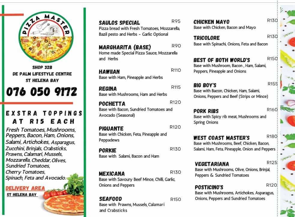 Menu at Pizza Master pizzeria, Saint Helena Bay