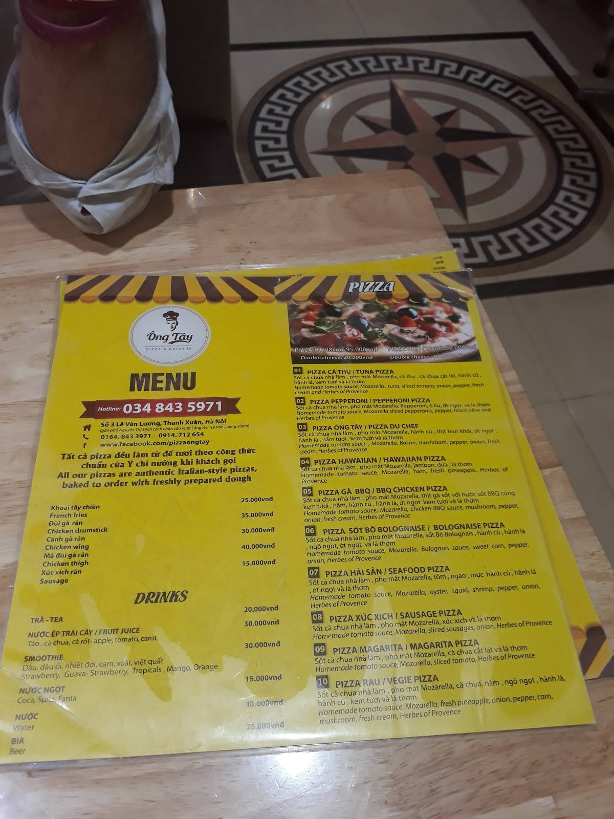 Menu at Pizza Ông Tây restaurant, Hanoi, 45 P. Đỗ Quang