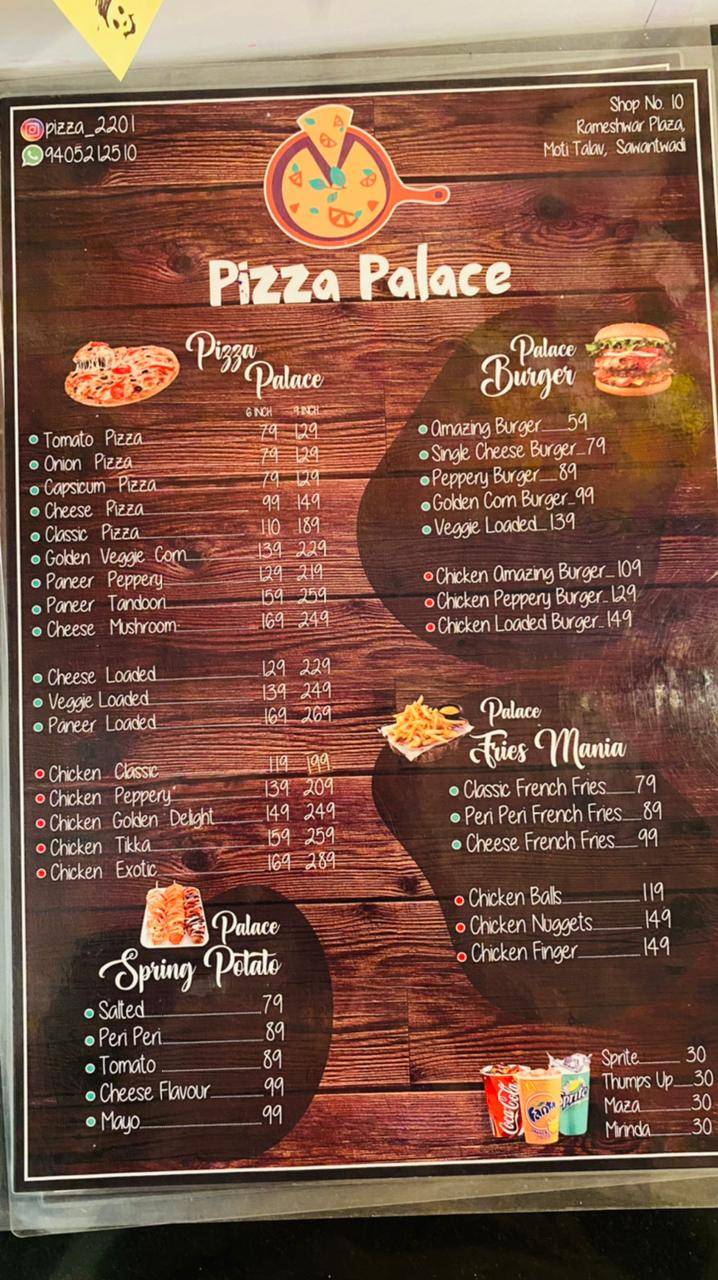 Menu at Pizza Palace, Sawantwadi