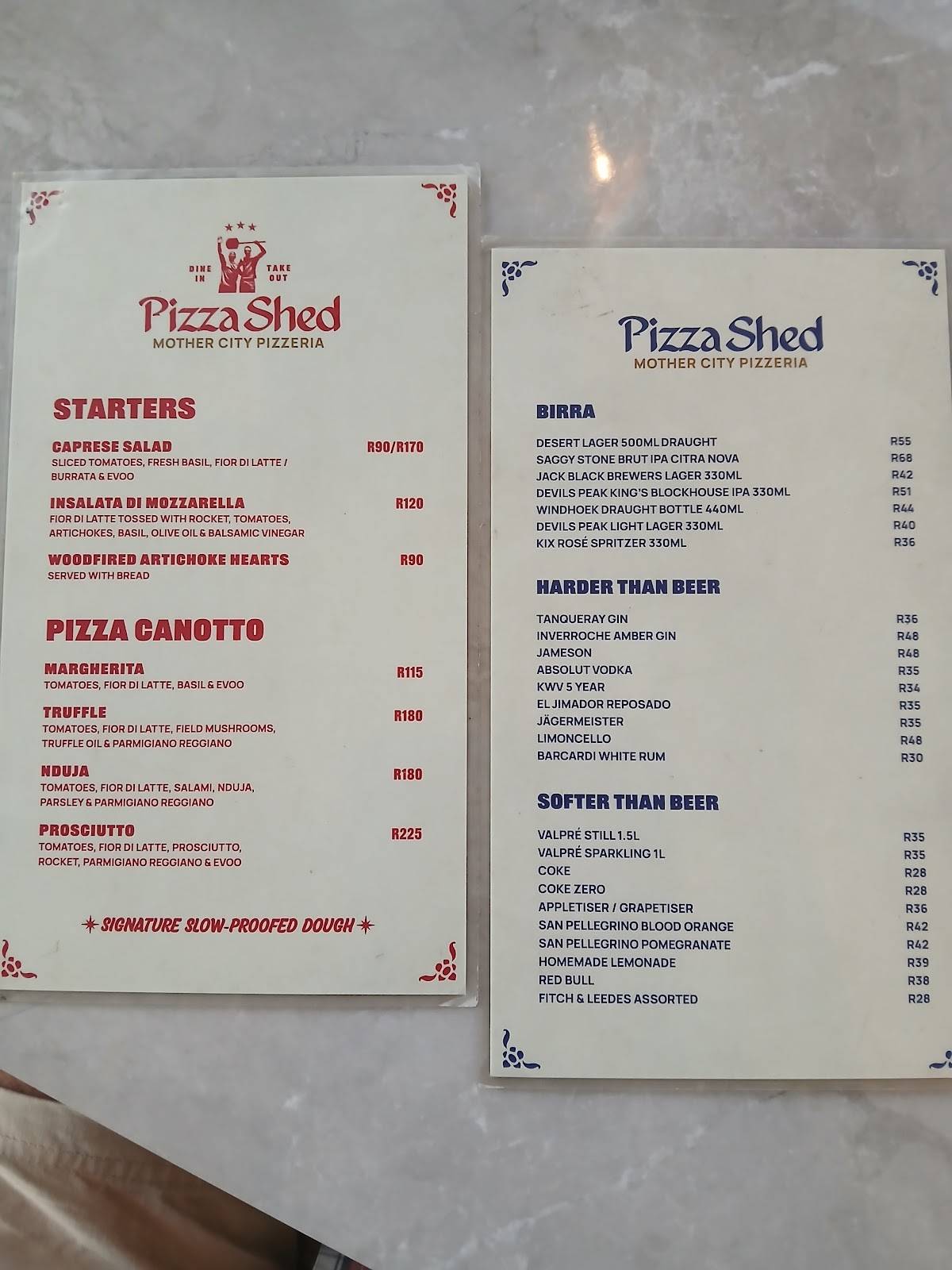 Menu at Pizza Shed Observatory pizzeria, Cape Town, 242 Lower Main Rd