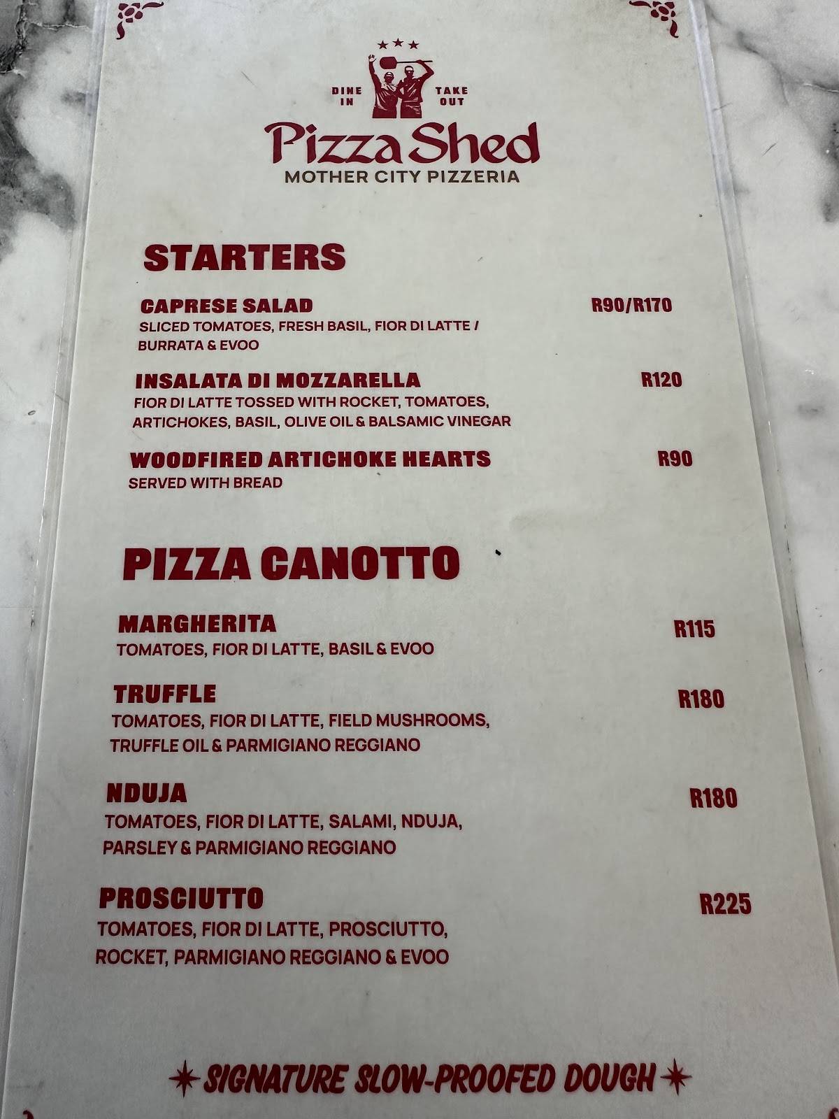 Menu at Pizza Shed Observatory pizzeria, Cape Town, 242 Lower Main Rd