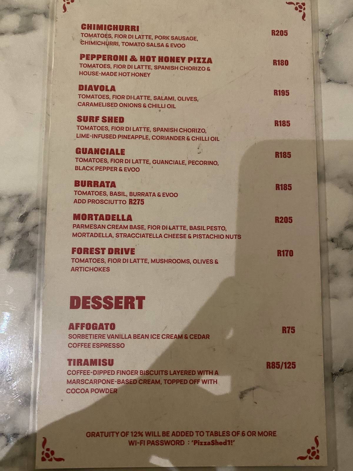 Menu at Pizza Shed Observatory pizzeria, Cape Town, 242 Lower Main Rd