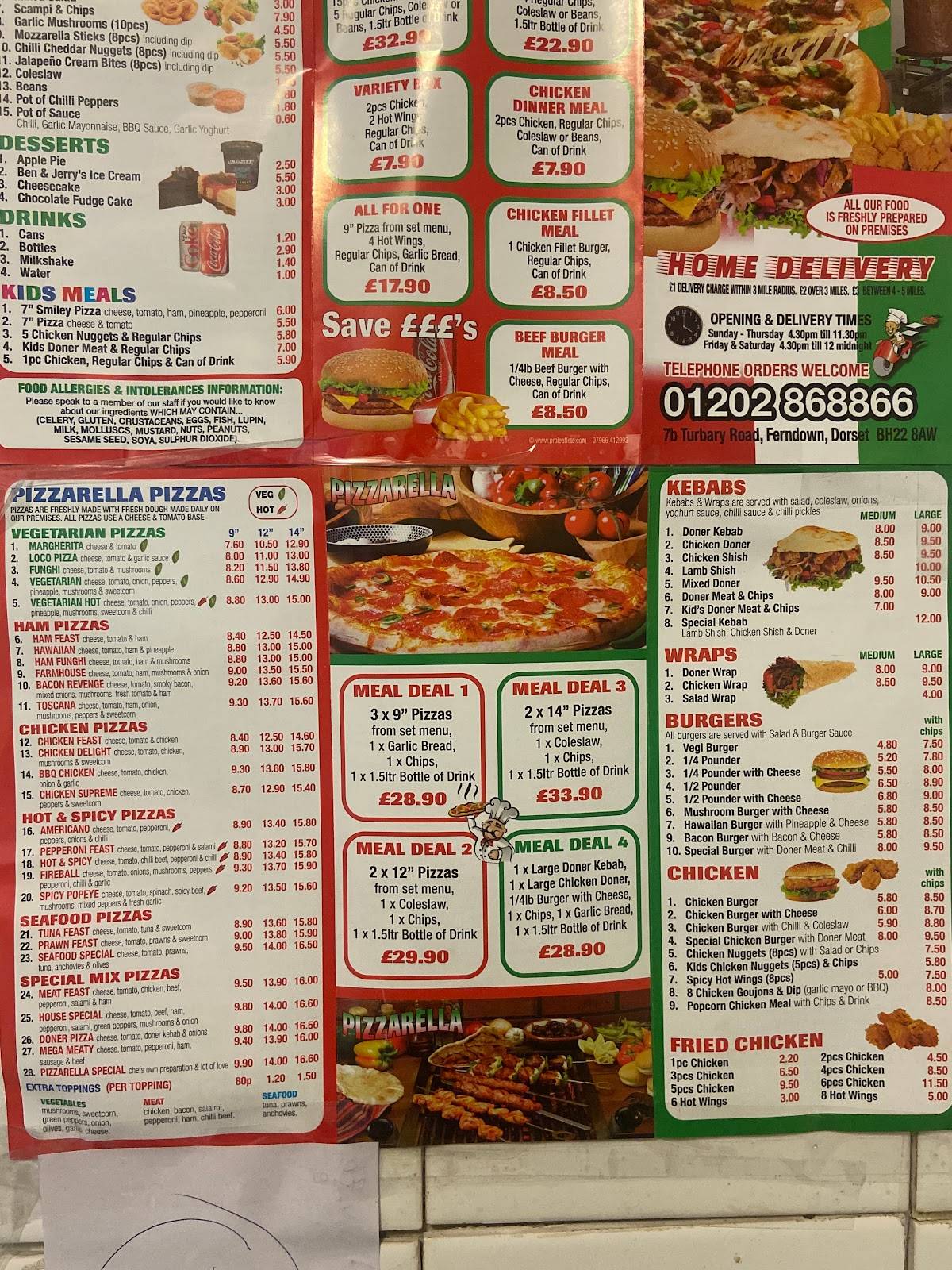 Menu at Pizzarella fast food, Ferndown