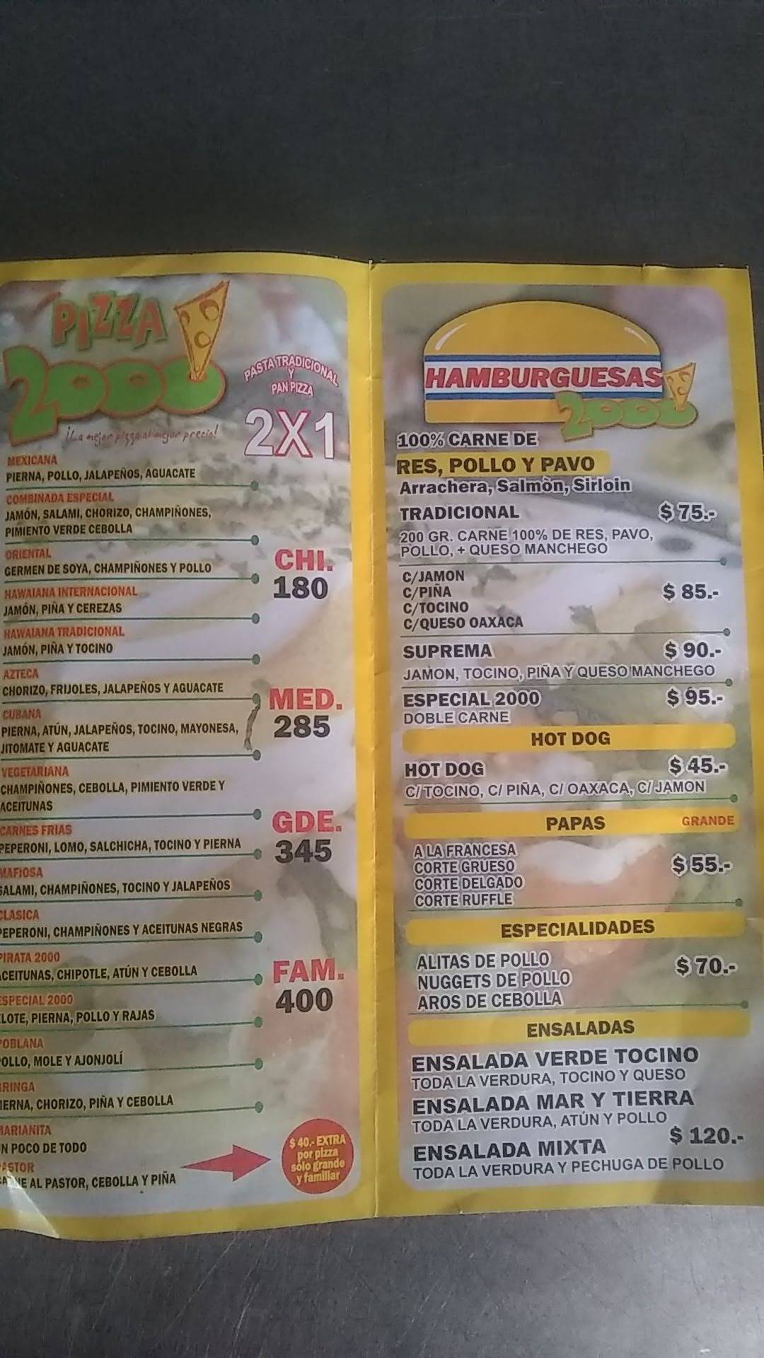Carta del restaurante Pizzas 2000, Ojo del Agua