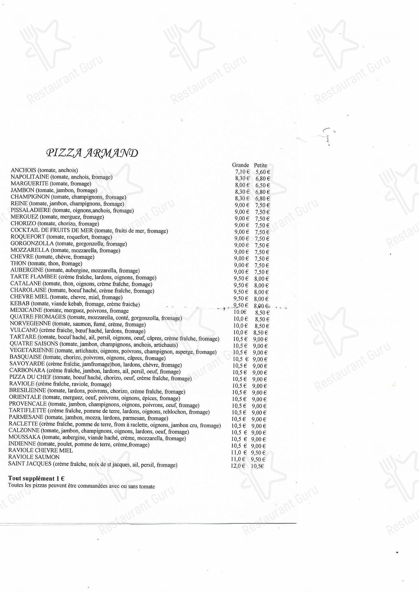 Menu au Pizzas Armand pizzeria, Saint-Paul-Trois-Châteaux