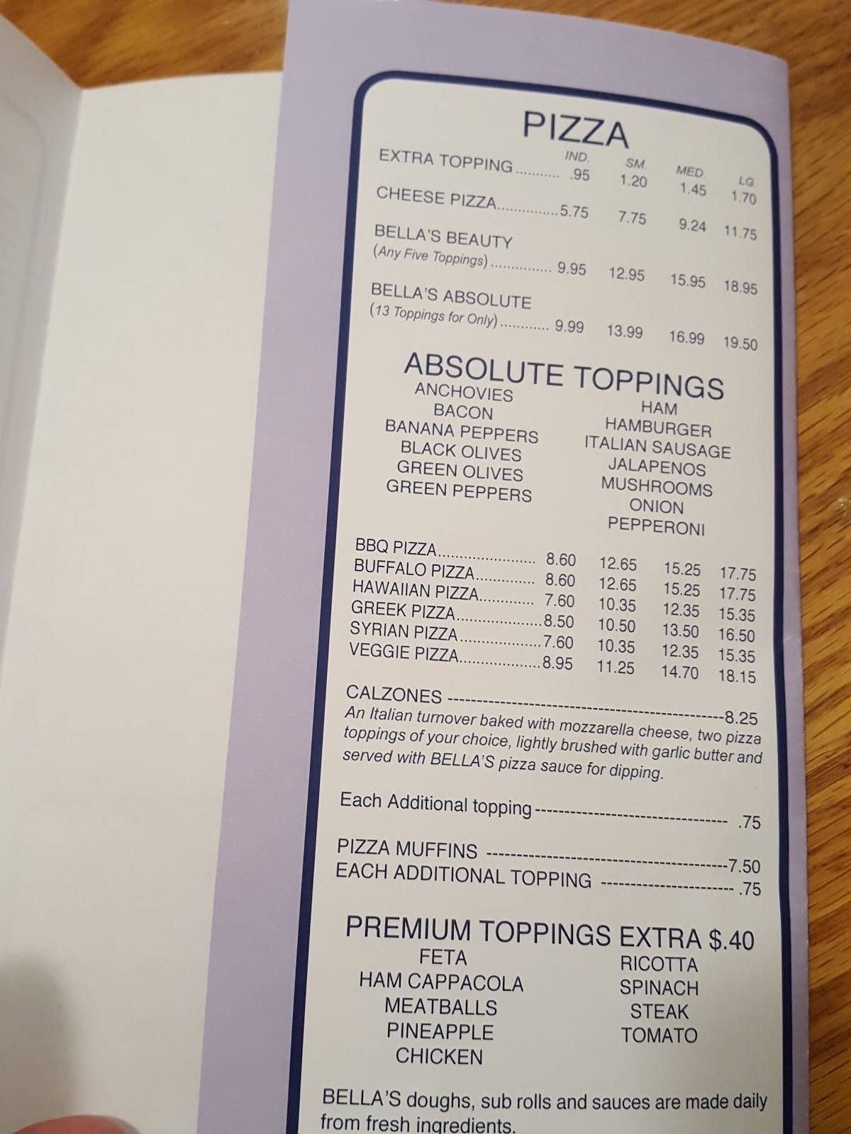 Menu at Bella's Pizza of Bristol pizzeria, Bristol