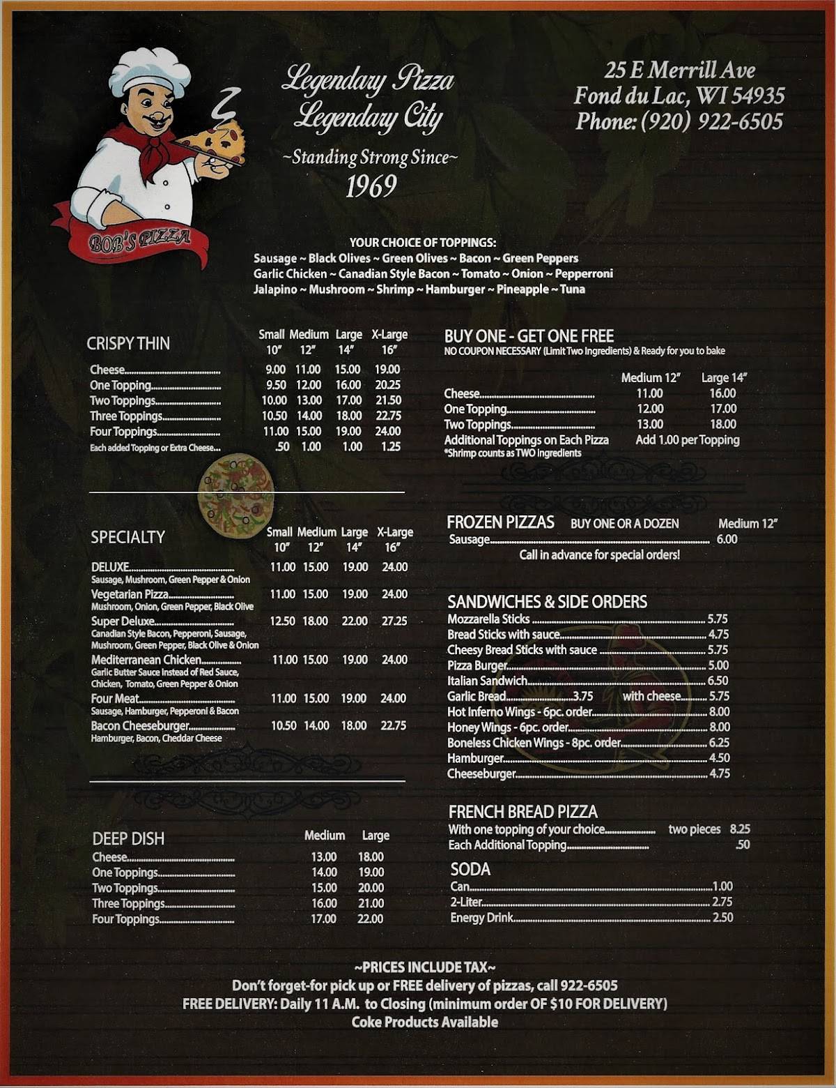 Menu at Bob's Pizza pizzeria, Fond du Lac, 25 E Merrill Ave