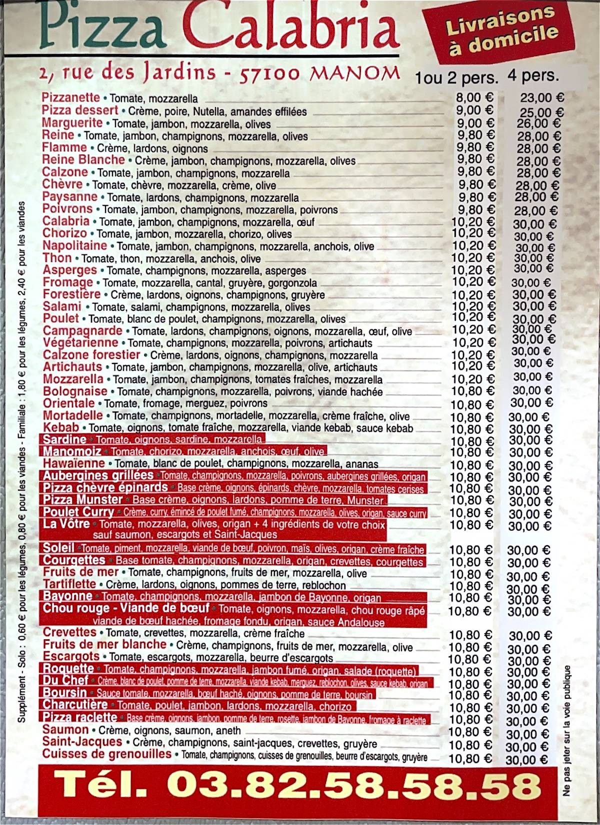 Menu au Pizzeria Calabria, Manom