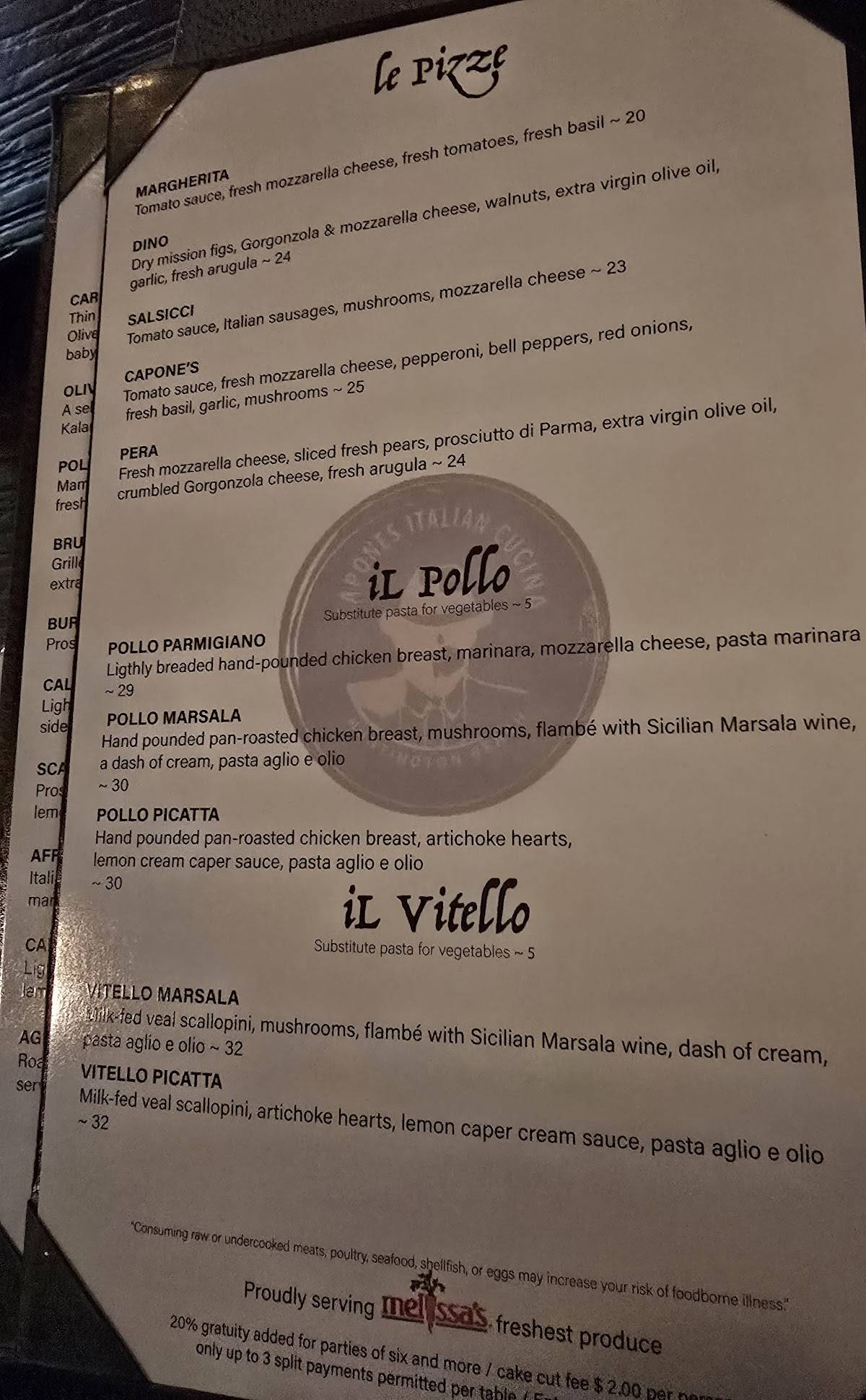 Menu at Capone's Italian Cucina pizzeria, Huntington Beach