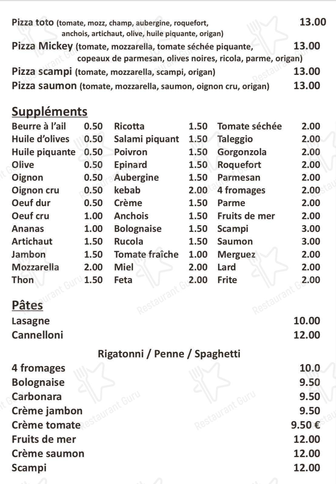 Menu at Pizzeria Chez Toto, Soumagne