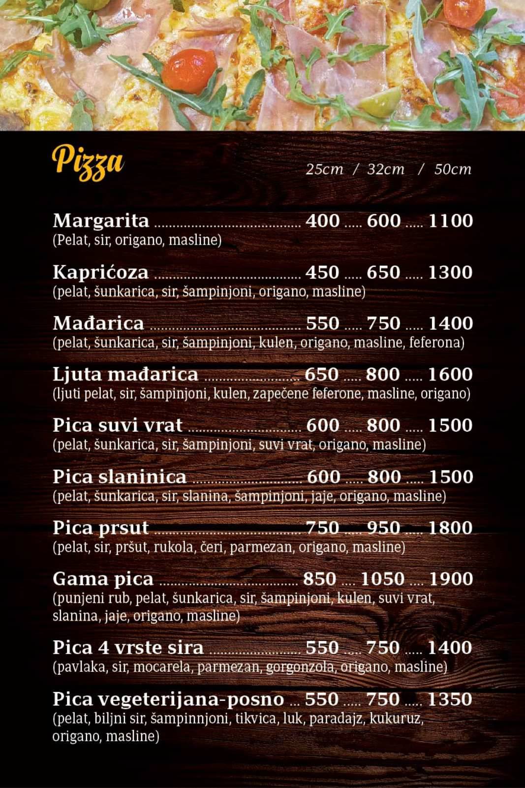 Menu at Pizzeria GAMA, Budisava
