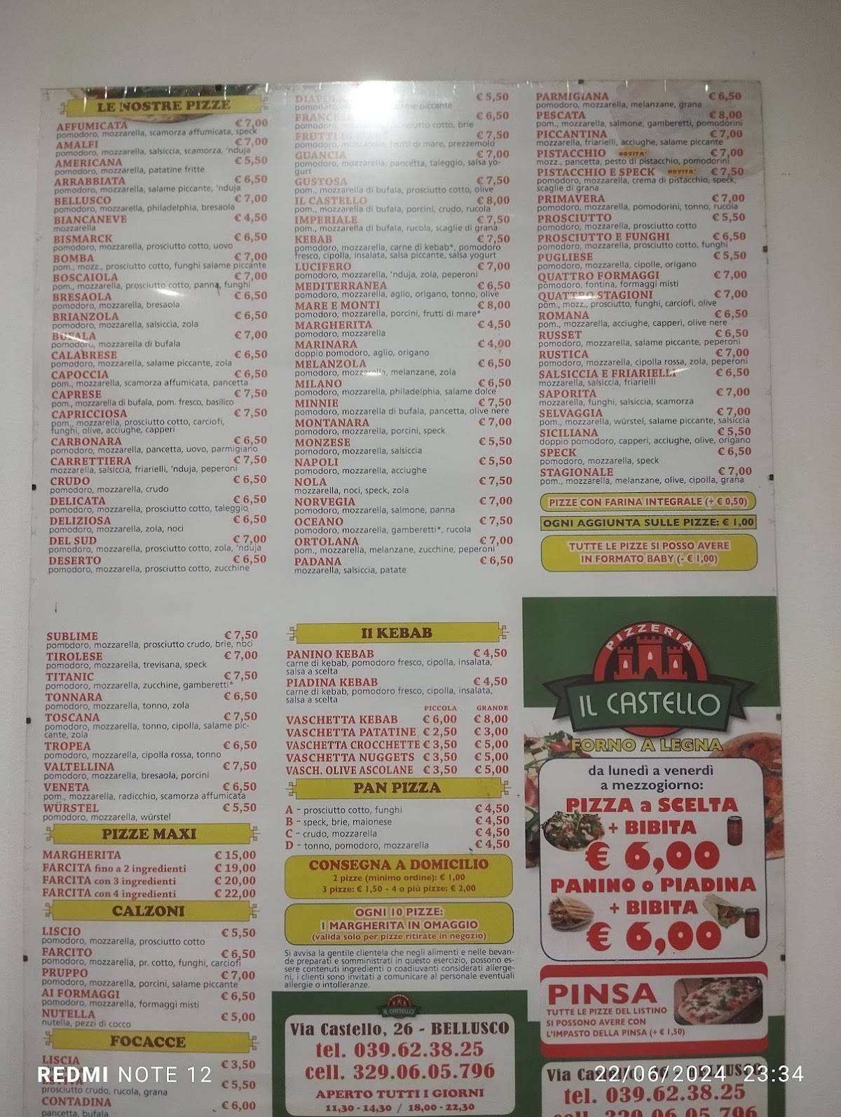 Speisekarte von Pizzeria Il Castello di Bellusco, Bellusco