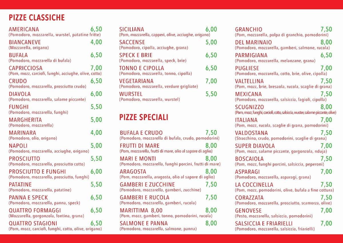Menu au Pizzeria La Coccinella, Somaglia