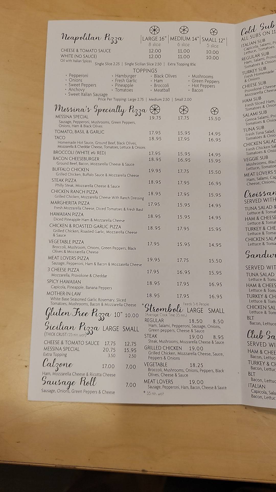 Menu at Messina's Pizza restaurant, Schuylkill Haven