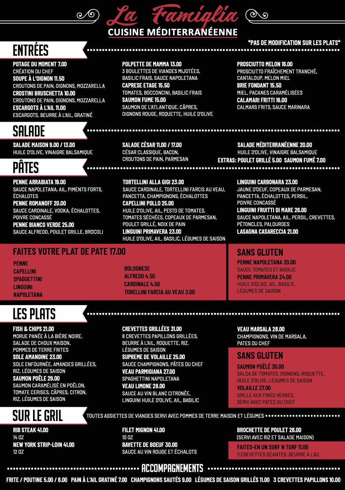 Menu au La Famiglia Paragon pizzeria, Repentigny