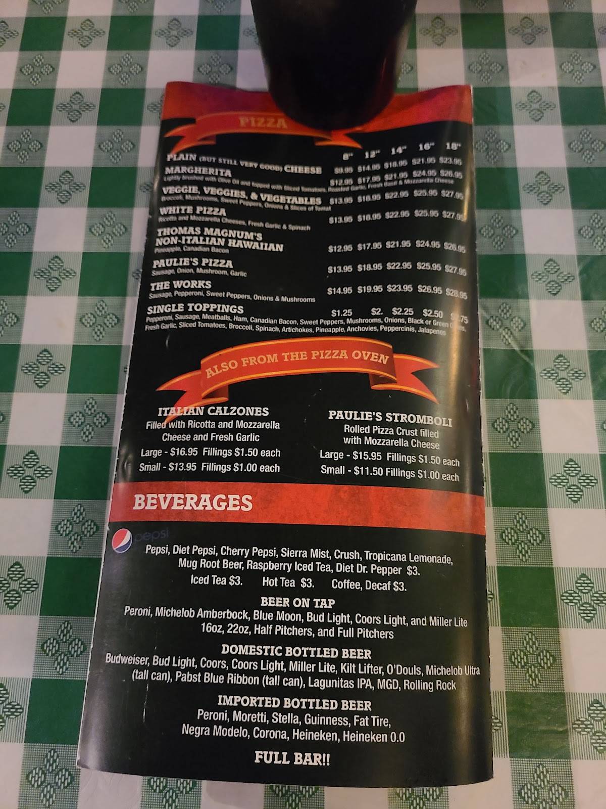 Menu at Paulie's Little Bite of Italy pizzeria, Sun City