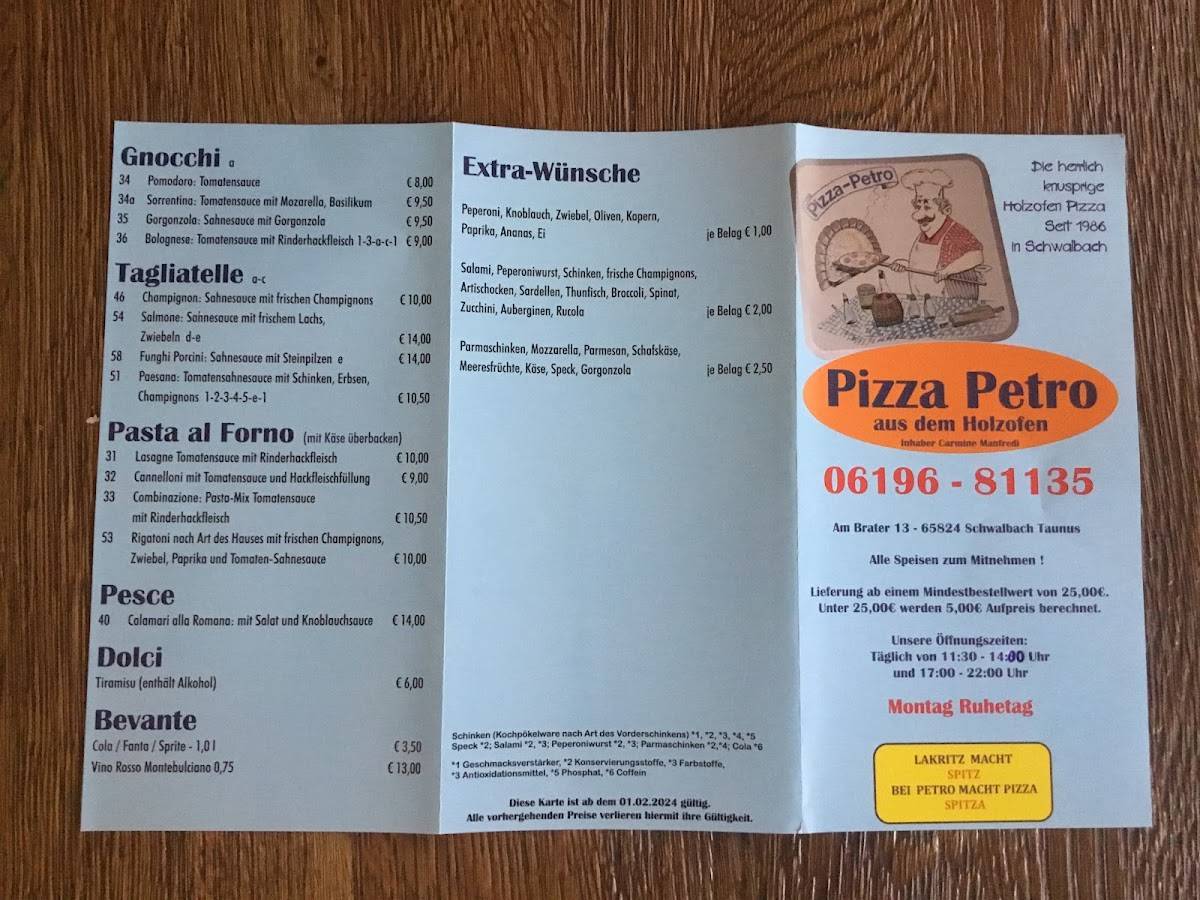 Speisekarte von Pizzeria Petro, Schwalbach am Taunus