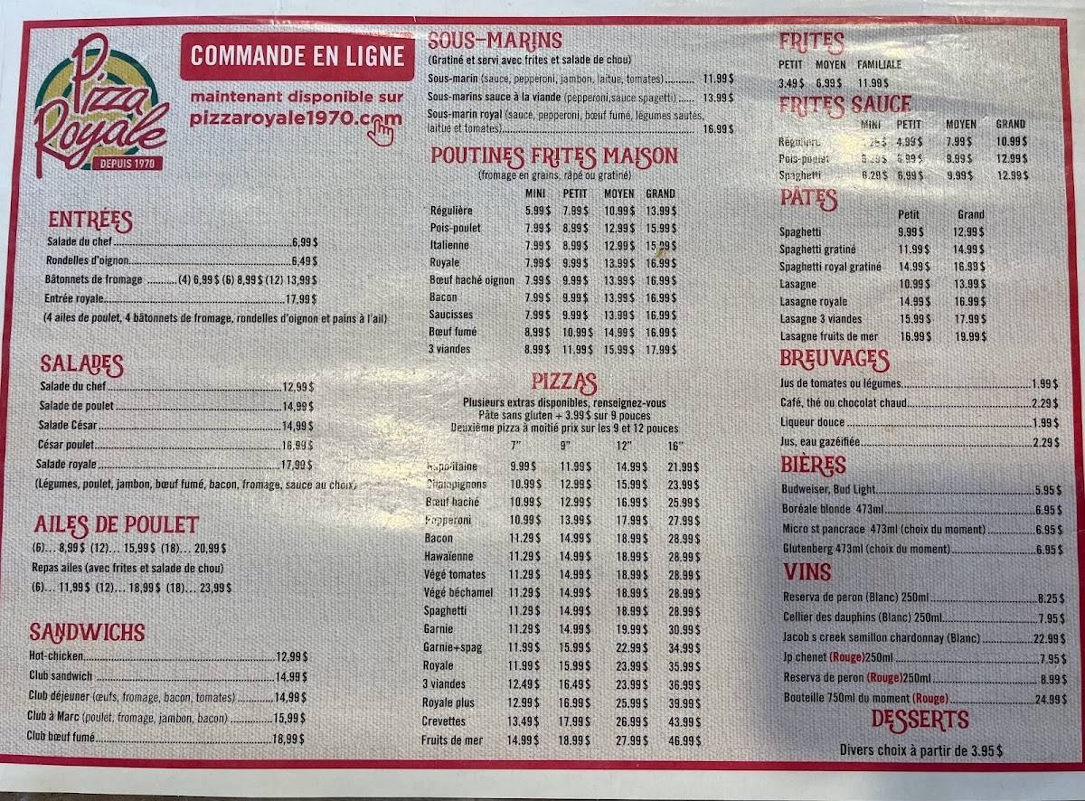 Menu au Pizza Royale (1986) Inc pizzeria, Baie-Comeau
