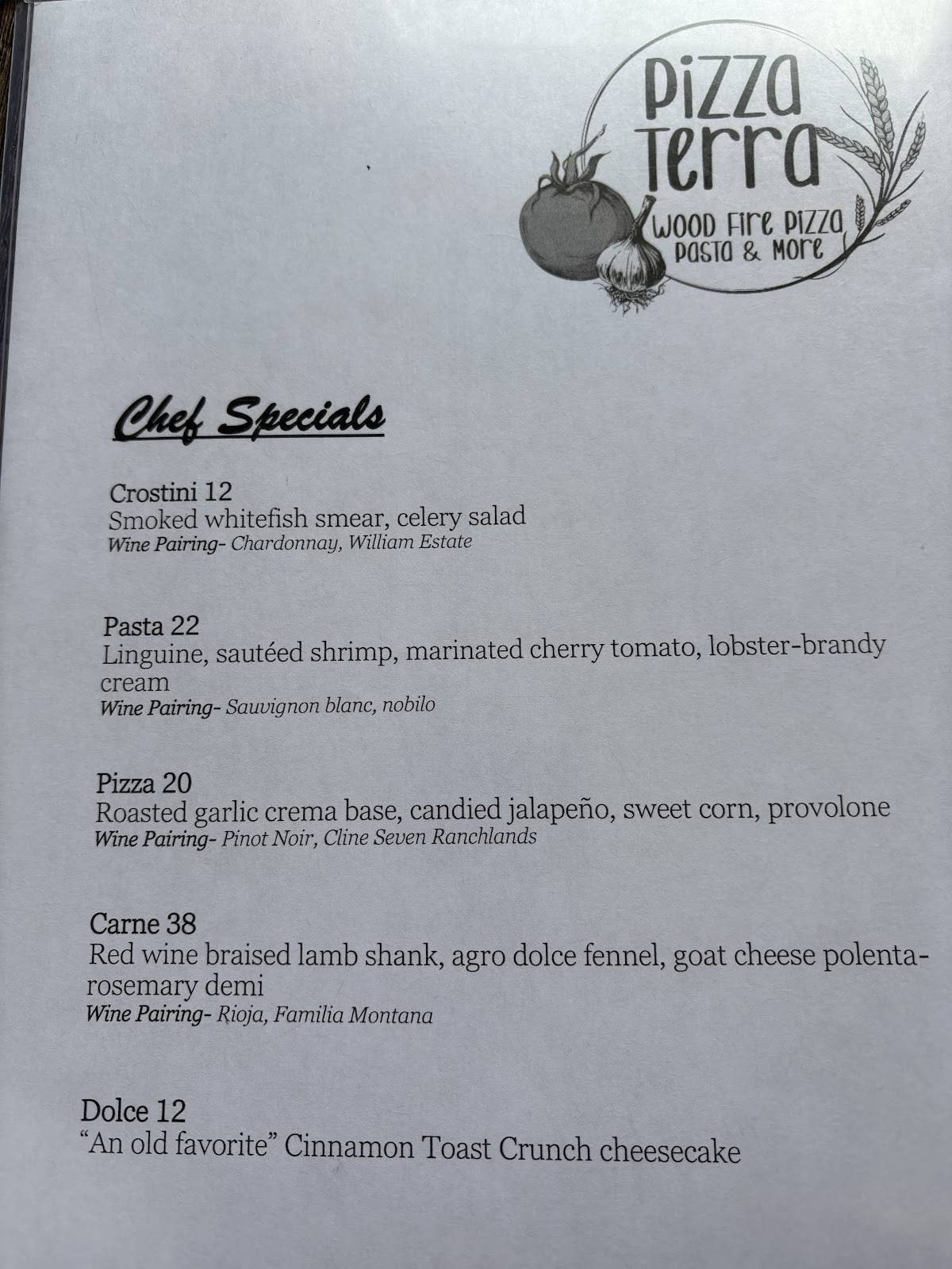 Menu at Pizza Terra pizzeria, Burns Harbor