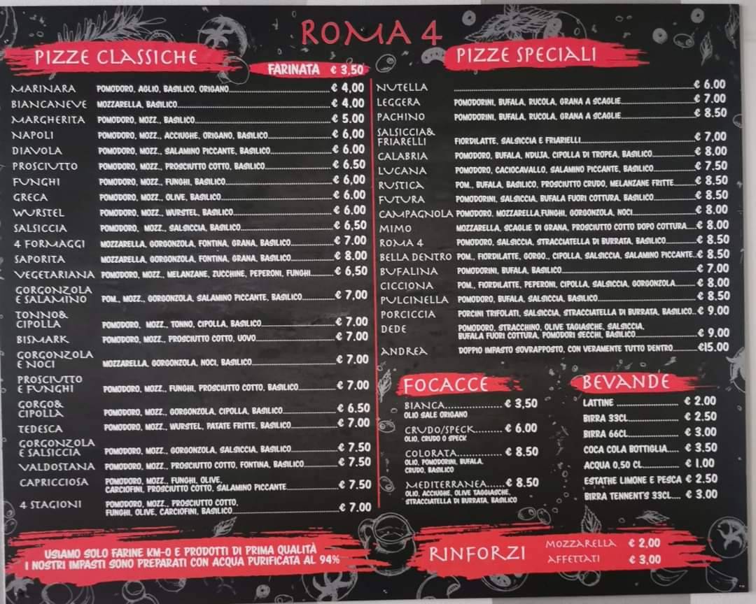 Menu at Pizzeria Roma 4, Moncalieri